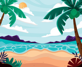 Realistic Summer Beach Scenery Background with Palm Trees
