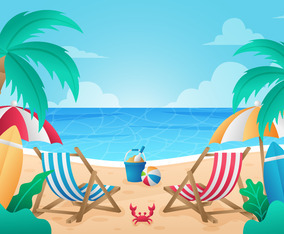 Realistic Summer Beach Scenery Background with Palm Trees