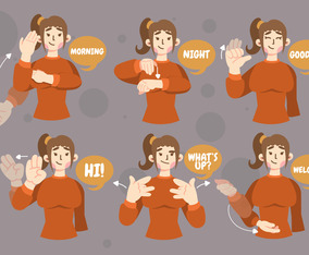Collection of Characters Demonstrating ASL Language About Greetings And Thank You | FreeVectors